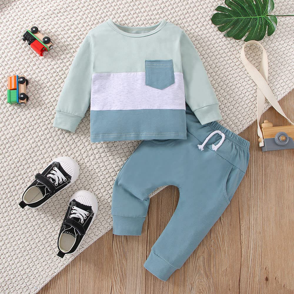 0-5T Newborn Baby Boy/Girl Clothes Color Block Pullover Sweatshirt Top Elastic Waist Pockets 2Pcs Warm Fall Winter Outfit (Long Sleeve Blue, 18-24 Months)