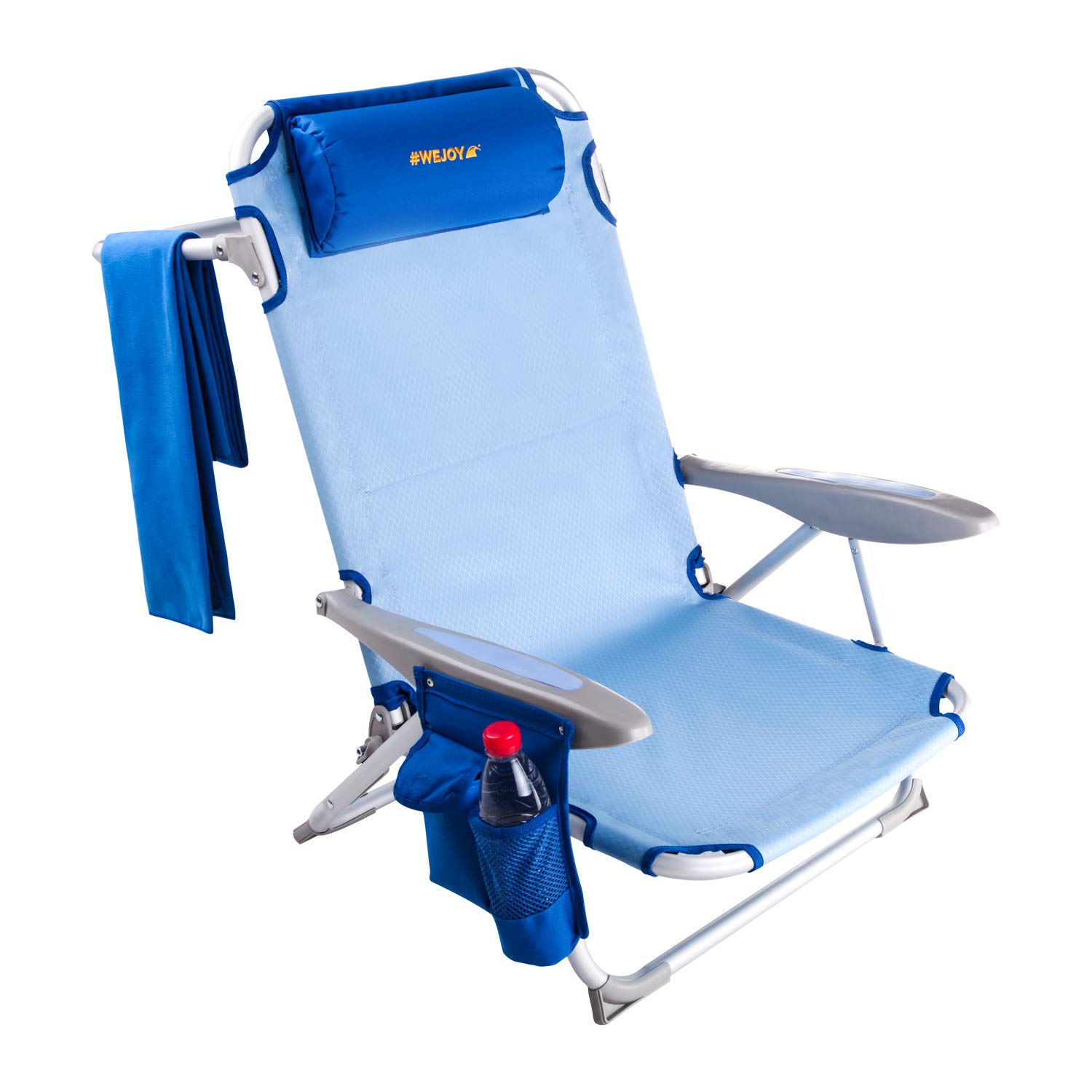 #WEJOY Folding Beach Chair for Adults, 4-Position Lightweight Beach Chair, Low Beach Chairs with Shoulder Strap, Cup Holder and Headrest, Supports 265lbs for Beach Lawn (Blue)