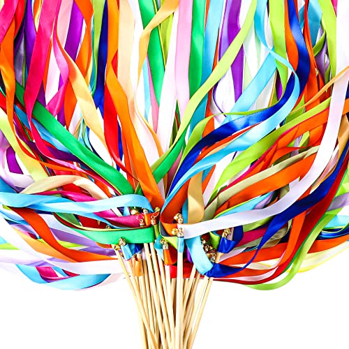 100 Pieces Mix Color Ribbon Sticks Wedding Party Streamers Fairy Wand Chromatic Silk Ribbon and Bell Wands Multicolor Hand Held Ribbons for Dance Wedding Party Celebration Holiday Activities