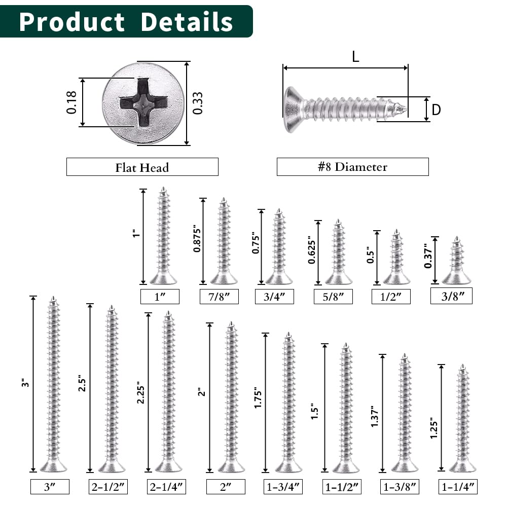 #8 x 3/4" (100 pcs) Stainless Steel Flat Head Sheet Metal Screws, Phillips Drive Wood Screws, 304 Stainless Steel 18-8, Self Tapping Screws