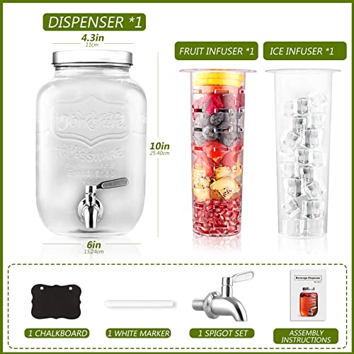 1 Gallon Drink Dispenser with Spigot 18/8 Stainless Steel β Airtight & Leakproof Glass Sun Tea Jar with Anti-Rust Lid, Beverage Dispenser for Parties β Include Ice Cylinder and Fruit Infuser
