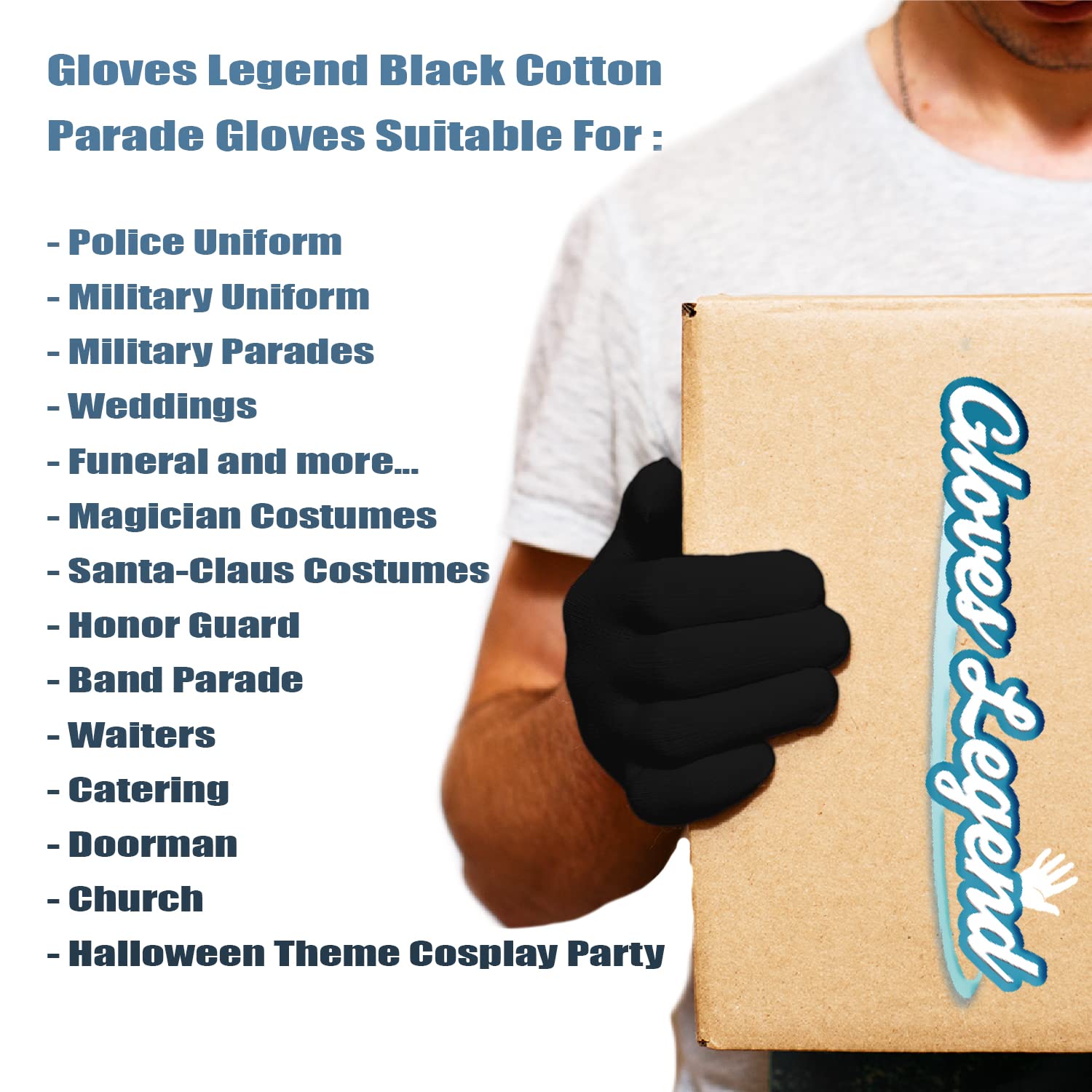 1 Pair (2 Gloves) - Gloves Legend Black 100% Cotton Jewelry Coin Silver Parade Fashion Inspection Work Safety Gloves - Size Large