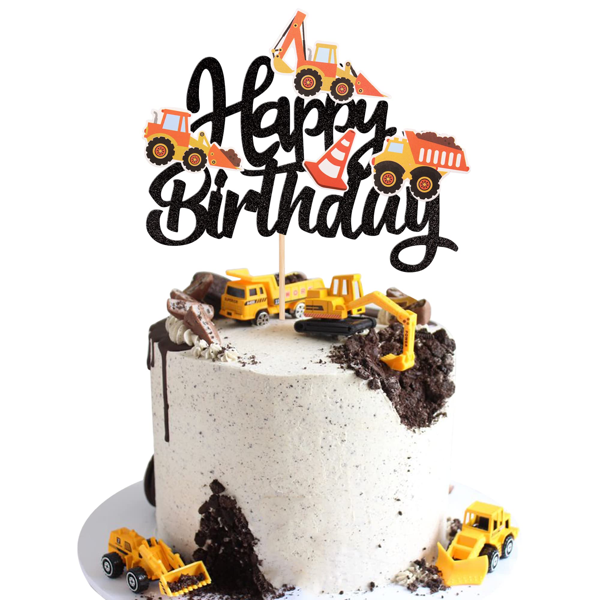1 PCS Construction Happy Birthday Cake Topper Glitter Construction Cake Pick Dump Truck Excavator Tractor Cake Decorations for Construction Theme Baby Shower Kids Birthday Party Supplies Black