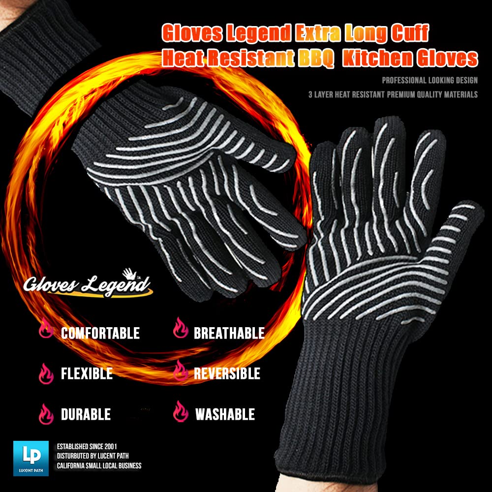 1 Pair (2 Gloves) - Gloves Legend Black Kitchen Oven BBQ Gloves β Machine Washable Heat Resistant Cooking Barbecue Grill Gloves - with Extra-Long Cuff