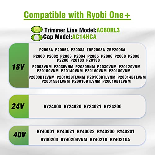 15 Pcs AC80RL3 Replacement Trimmer String for Ryobi One Plus+,0.080 lnch Diameter String Trimmer Refll and AC14HCA Cover Cap Compatible with Ryobi 18v,24v,and 40v Cordless Trimmers(12 Spools+3 Caps)