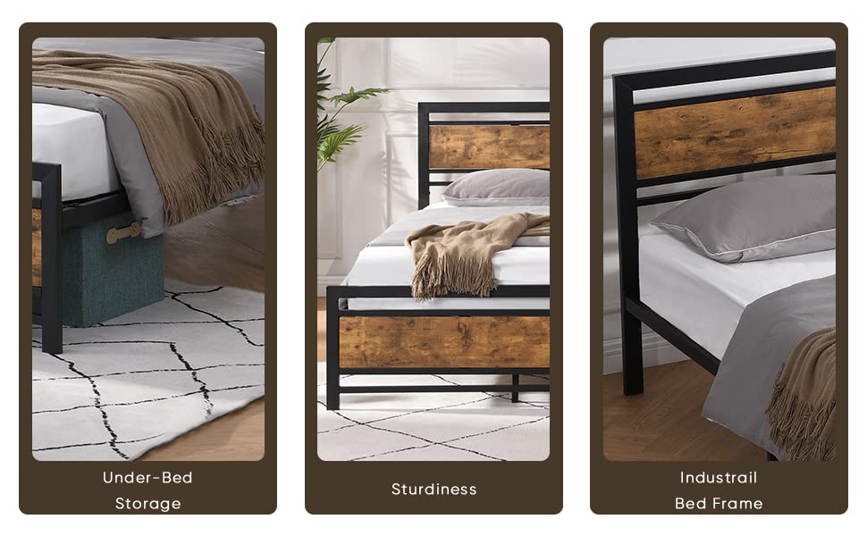 12 Inch King Size Metal Platform Bed Frame with Wooden Headboard and Footboard, Mattress Foundation, No Box Spring Needed, Large Under Bed Storage, Non-Slip Without Noise(Rustic Brown, King)