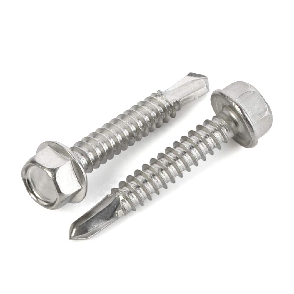 #14 x 1 Hex Washer Head Self Drilling Sheet Metal Screws with Drill Point, Stainless Steel 410, Plain Finish, 50 PCS