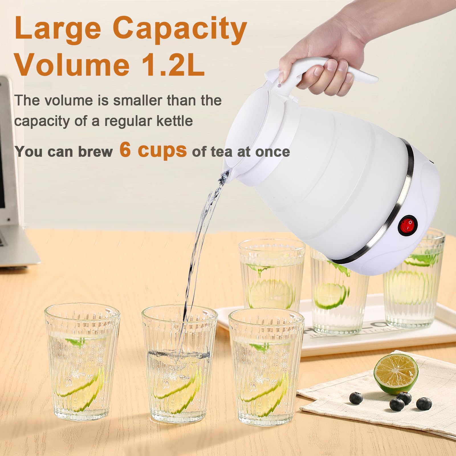 1.2 Liter -White Travel Collapsible Electric Kettle Boils Water Fast, Small Size, Large Capacity, Easy to Fold and Store, Food Grade Silicone Small Tea Kettle