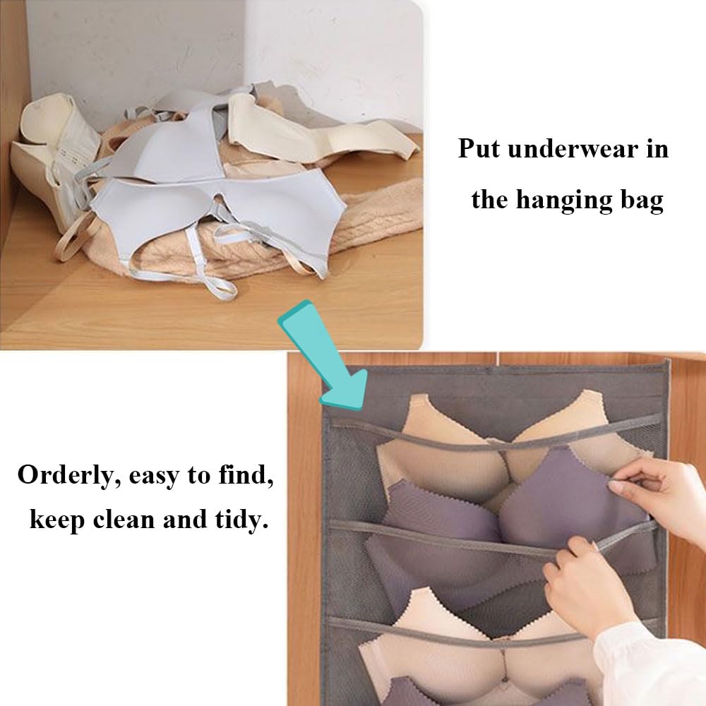 1 Pack Dual Sided Closet Hanging Organizer with Mesh Pockets & Metal Hanger, Wall Shelf Wardrobe Hanging Storage Bag for Bra Socks Underwear Storage, Space Saving Closet Hanging Shelves Storage(Grey)