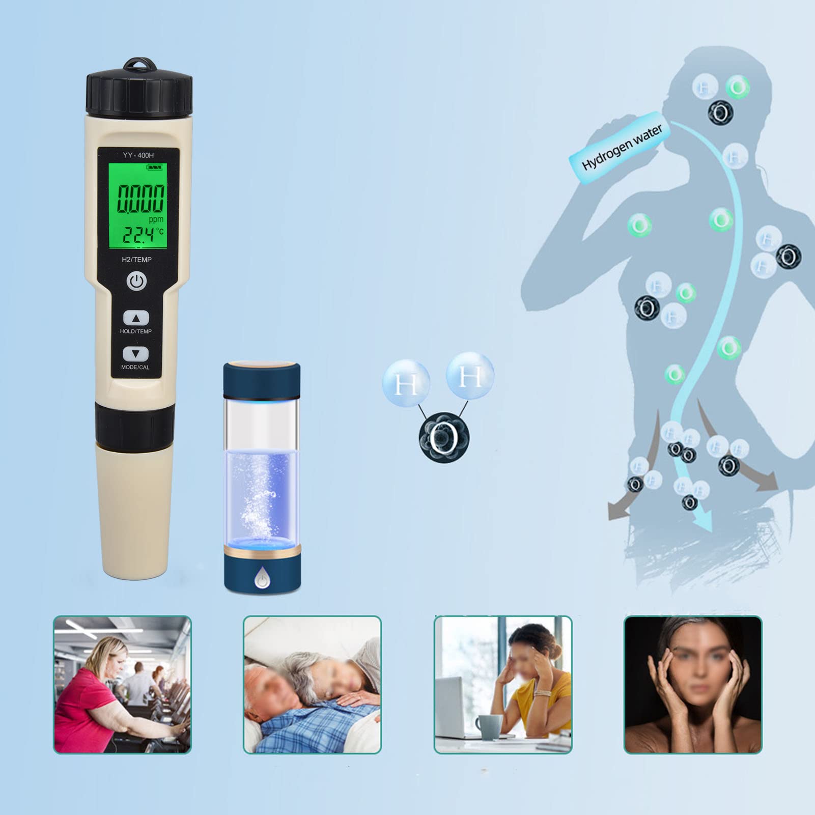 01 02 015 Hydrogen Meter, Wide Application Backlit LCD Design Hydrogen Test Pen Detachable Probe Design for Gardening for Laboratories