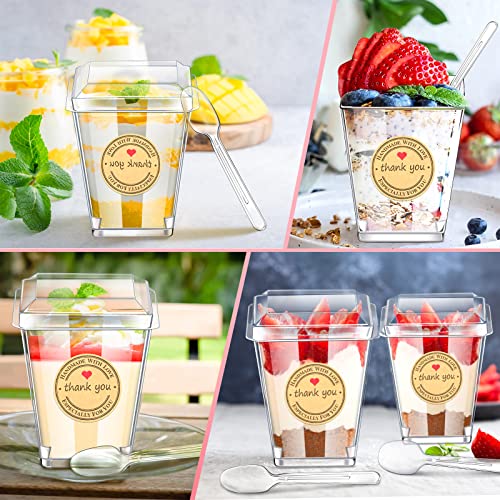 100 Packs Clear Plastic Dessert Cups with Spoons and Stickers, 6 oz Small Clear Plastic Parfait Cup Disposable Appetizer Cup Shooter Cup for Dessert Appetizers, Puddings, Mousse, Ice Cream (Square)