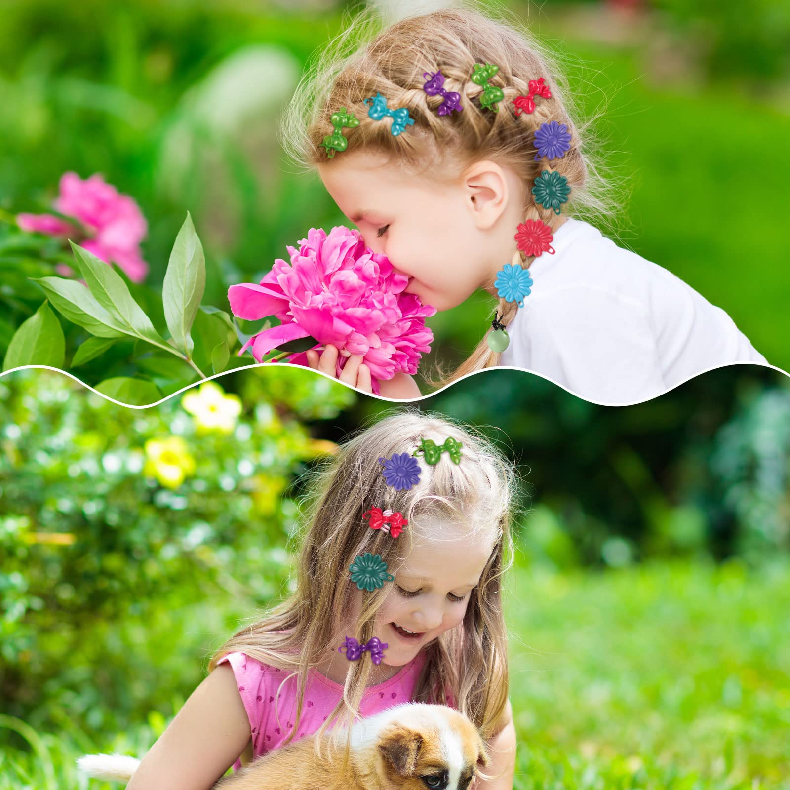 100 Pcs Hair Barrettes with Flower, Bow & Cartoon Designs - Self-Hinge Plastic Pins for Baby Girls, Toddlers (Cool)