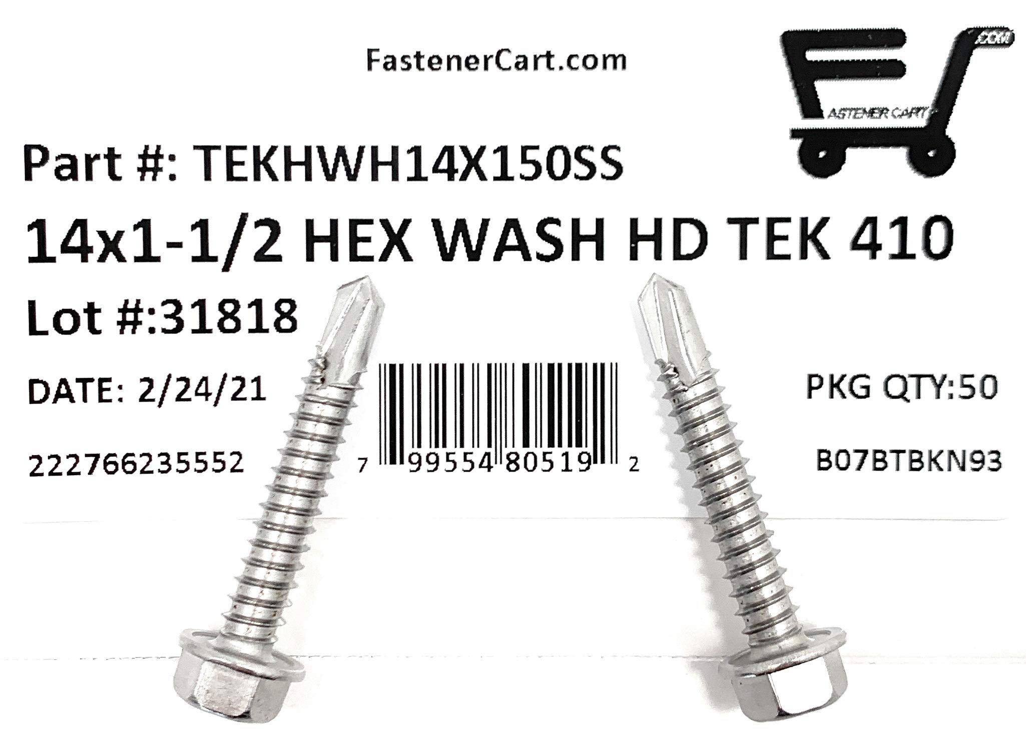 #14x1 1/2 Stainless Steel Hex Washer Head Self Drilling Tapping TEK Screw (410 Stainless Steel) 50 Pieces 14X1-1/2