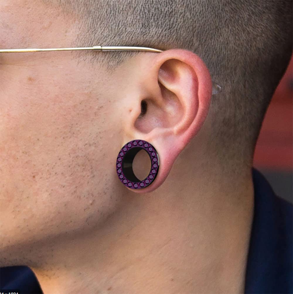 0 Gauge - 8MM Multi Purple Crystals Stone Setting On Black UV Acrylic Flesh Tunnel - Sold by Piece