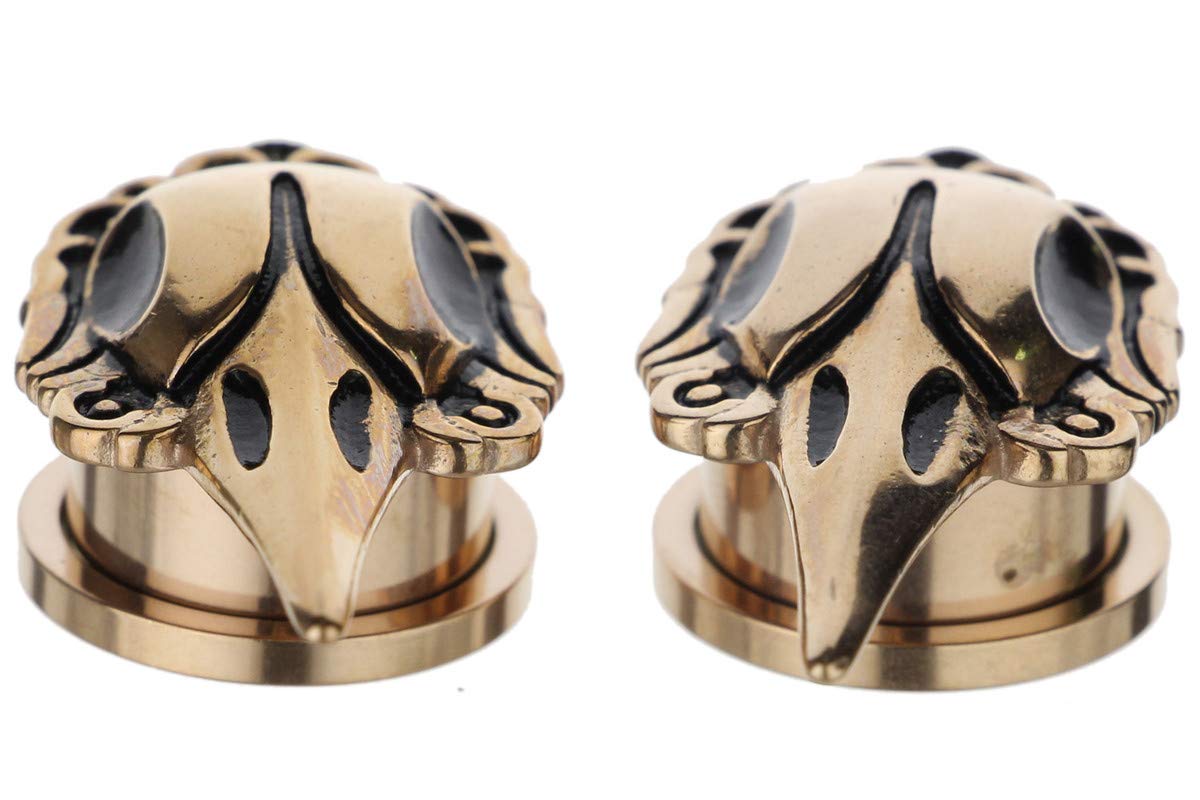 00g 10mm Rose Gold 316L Surgical Steel Raven Skull Ear Weights Saddle Hanger Spreader Gauges Piercing Tunnels Plugs Stretching Kit