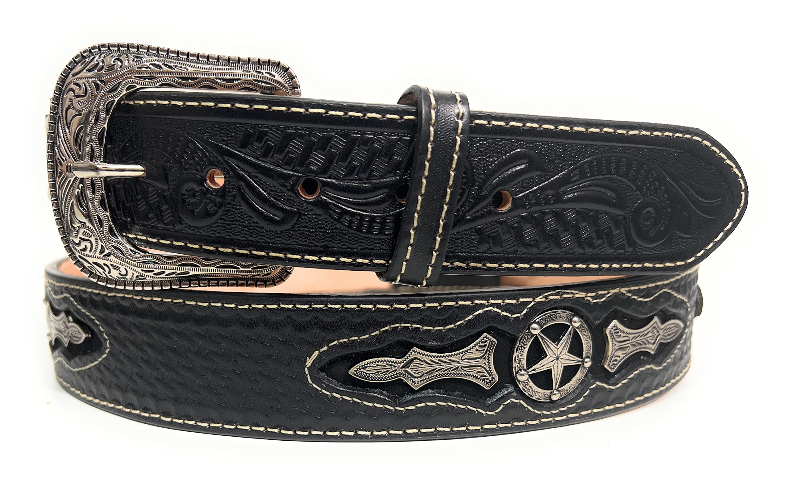 1 3/4" Wide Genuine Leather Western Style Leather Belt, Cowboy Rodeo Concho Ranger Style Belt (Black, 34)