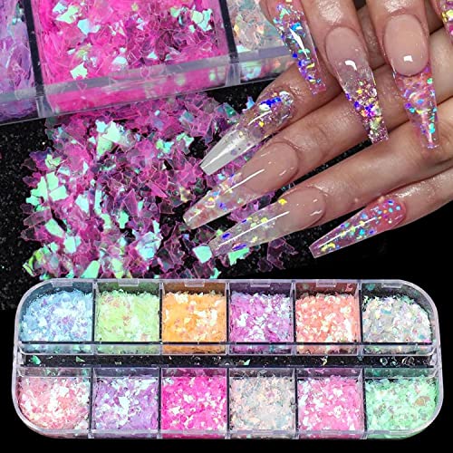 12 Colors Nail Art Glitter Sequins Foweso Irregular Mermaid Nail Sequins Supplies Holographic Nail Glitter Flakes for Women Girls DIY Face Hand Body Eyes Make-Up Decorations