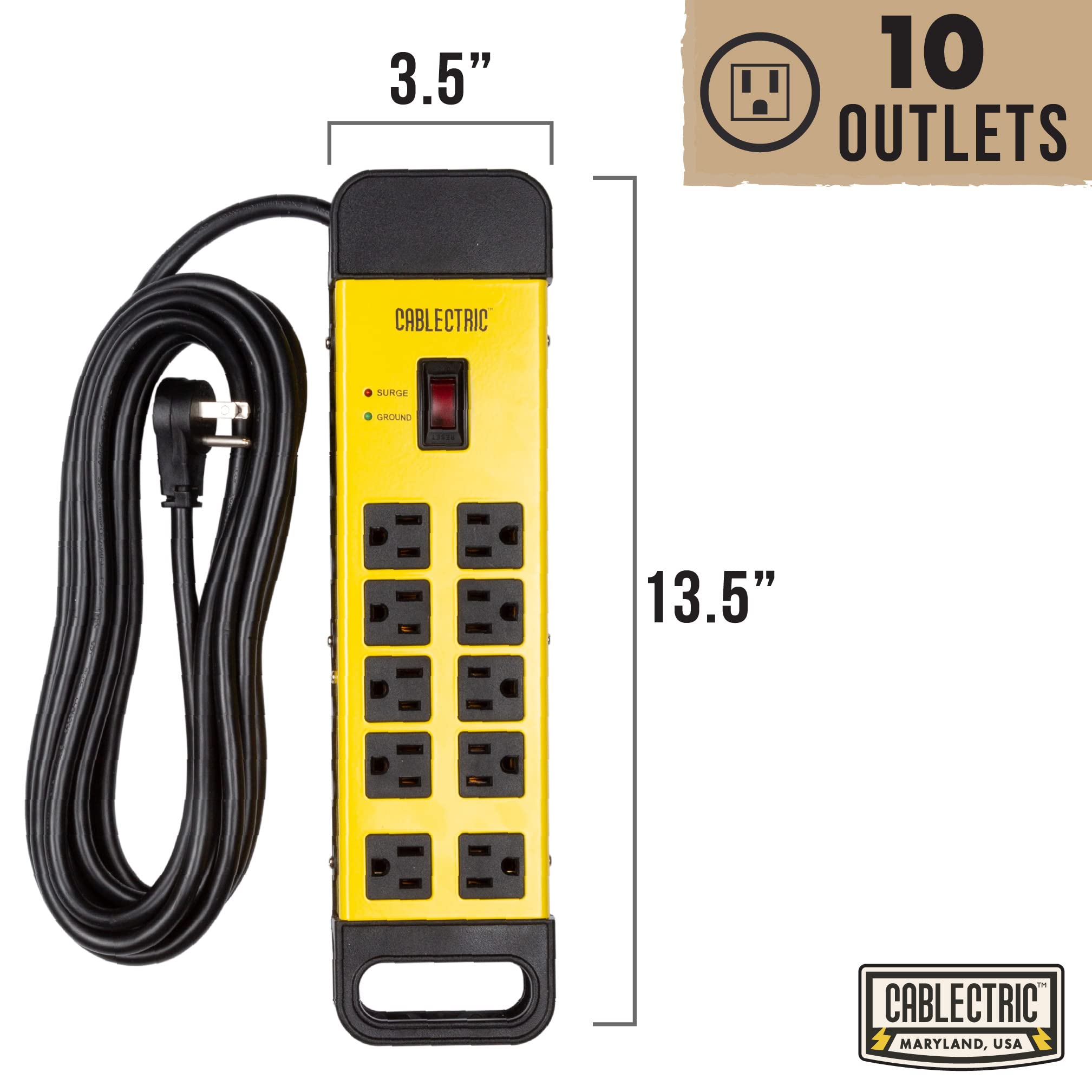 10 Outlet Heavy Duty Surge Protector Power Strip - Industrial Black and Yellow Metal Surge Protector with 15 Foot Extension Cord | Cablectric is an American Owned Brand