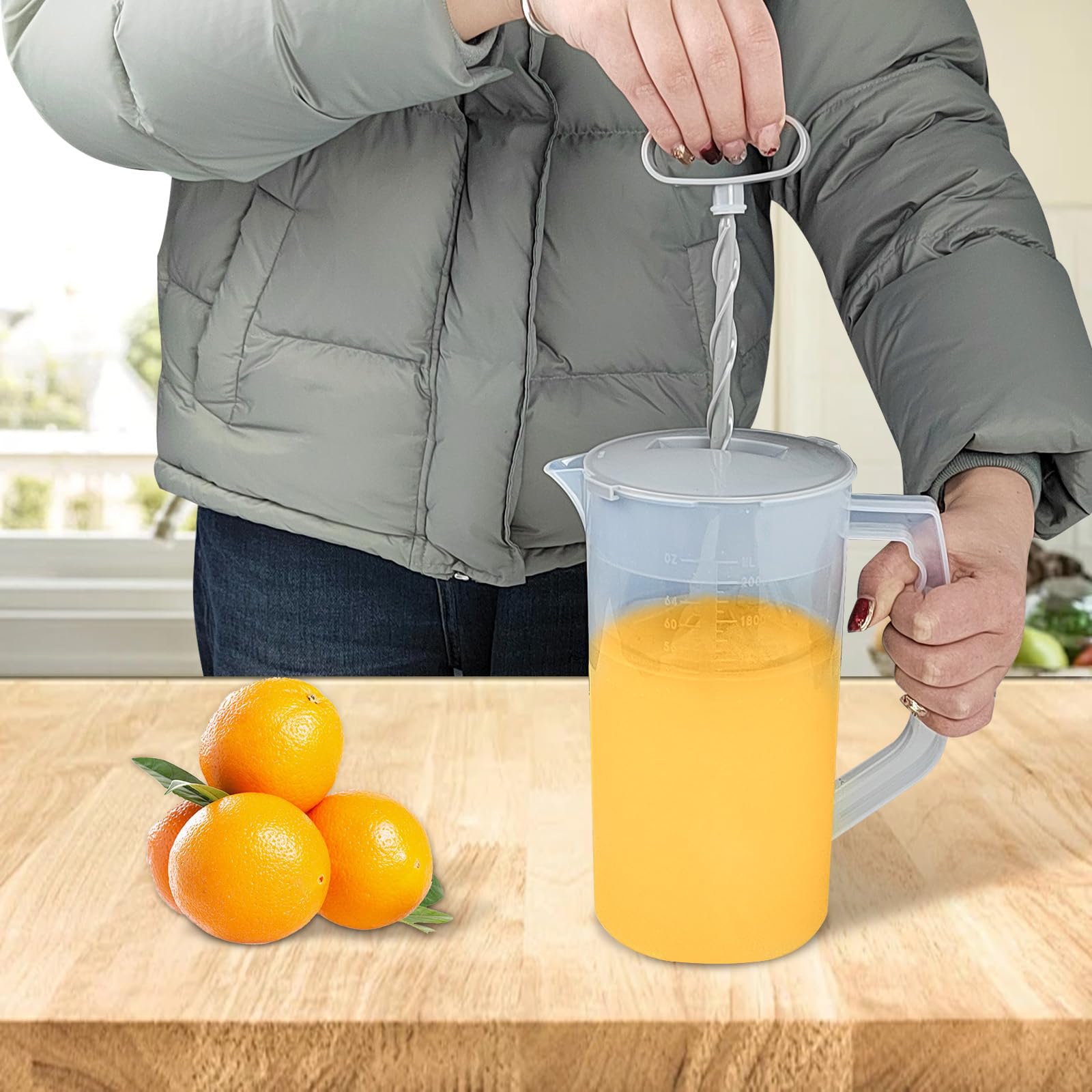 1 Pack Mixing Pitcher for Drinks 2 Quart/ 64oz Plastic Water Pitcher with Lid,Easy-Mix Juice Container,Angled Plastic Blades and Adjustable Mixer Plunger for Juice, Tea, Beverage Container