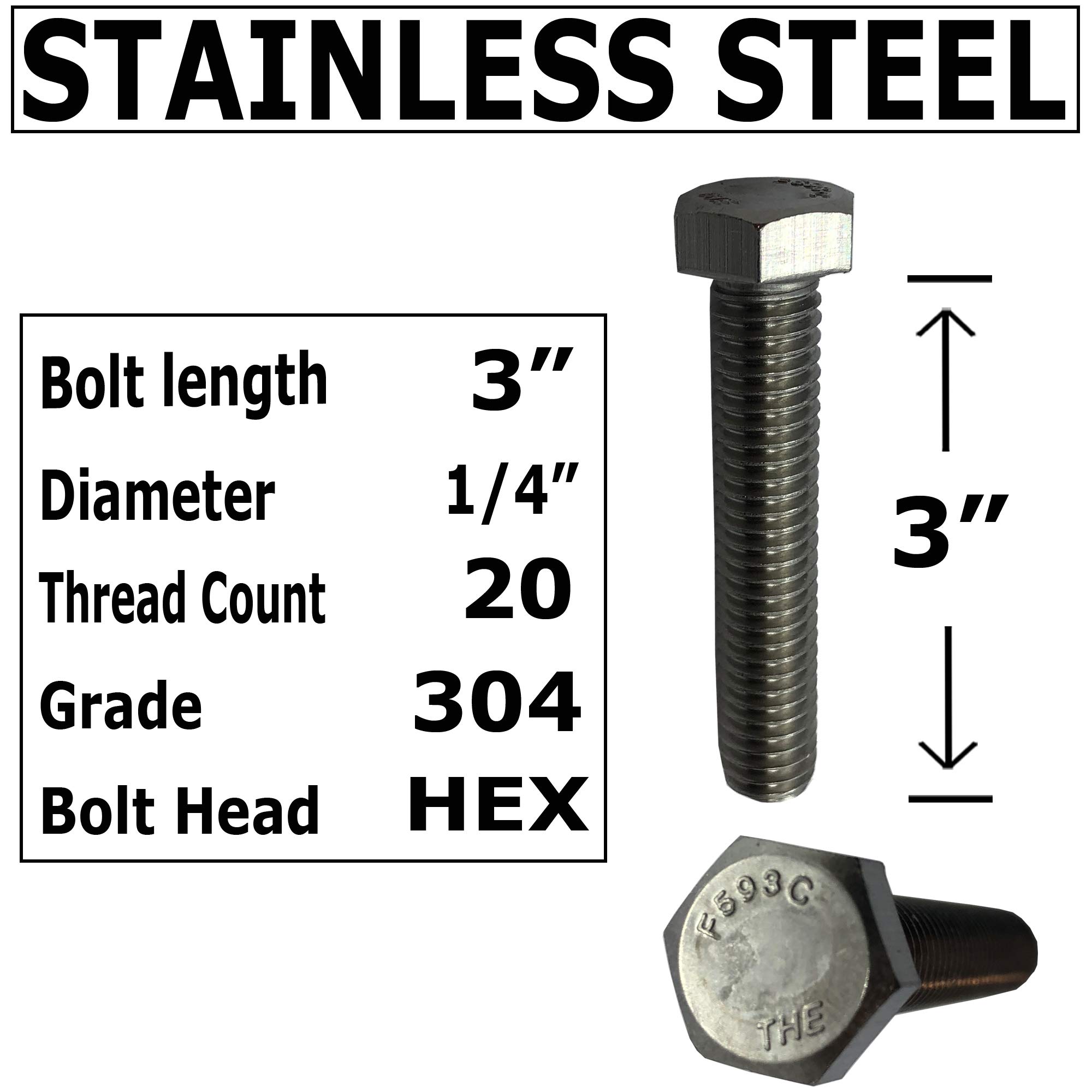 1/4" - 20 x 3-304-STAINLESS Steel Bolts, Nuts & WASHERS - 18-8 HEX Head Bolt - 304 Grade. General Purpose (10) Bolts + (10) Nuts + (10) Washers