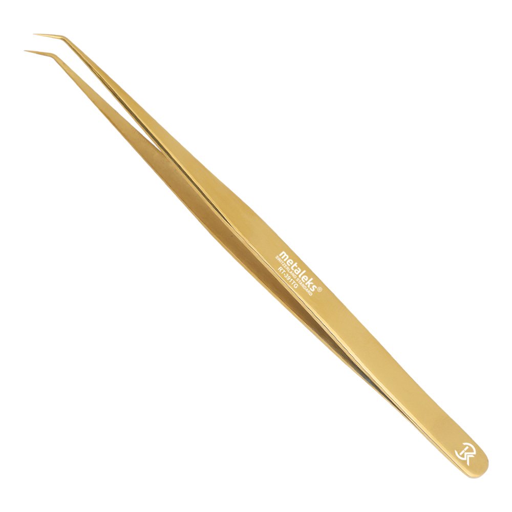 14cm Metaleks Lash Tweezers Japanese Steel Lash Extension Tweezers 45 Degree Angular Tip. (Golden Titanium Coated.)