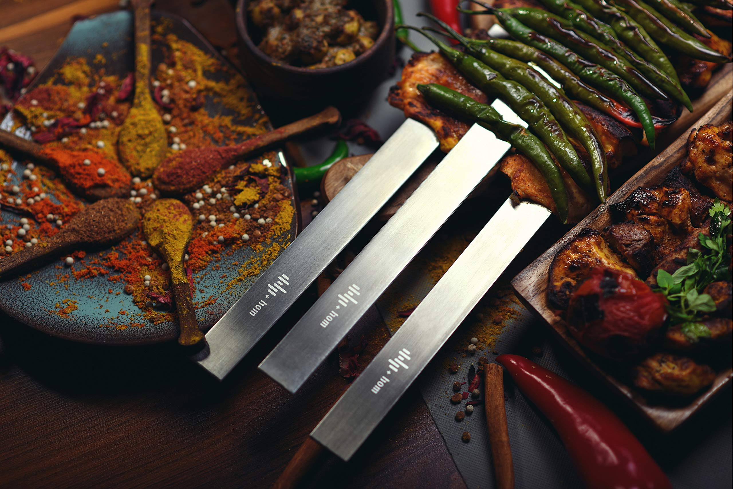 + HOM 8 Kebab 1" Wide Flat Skewers, Stainless Steel, No-Wood Handle, Koobideh Persian Kabob, Carrying Case