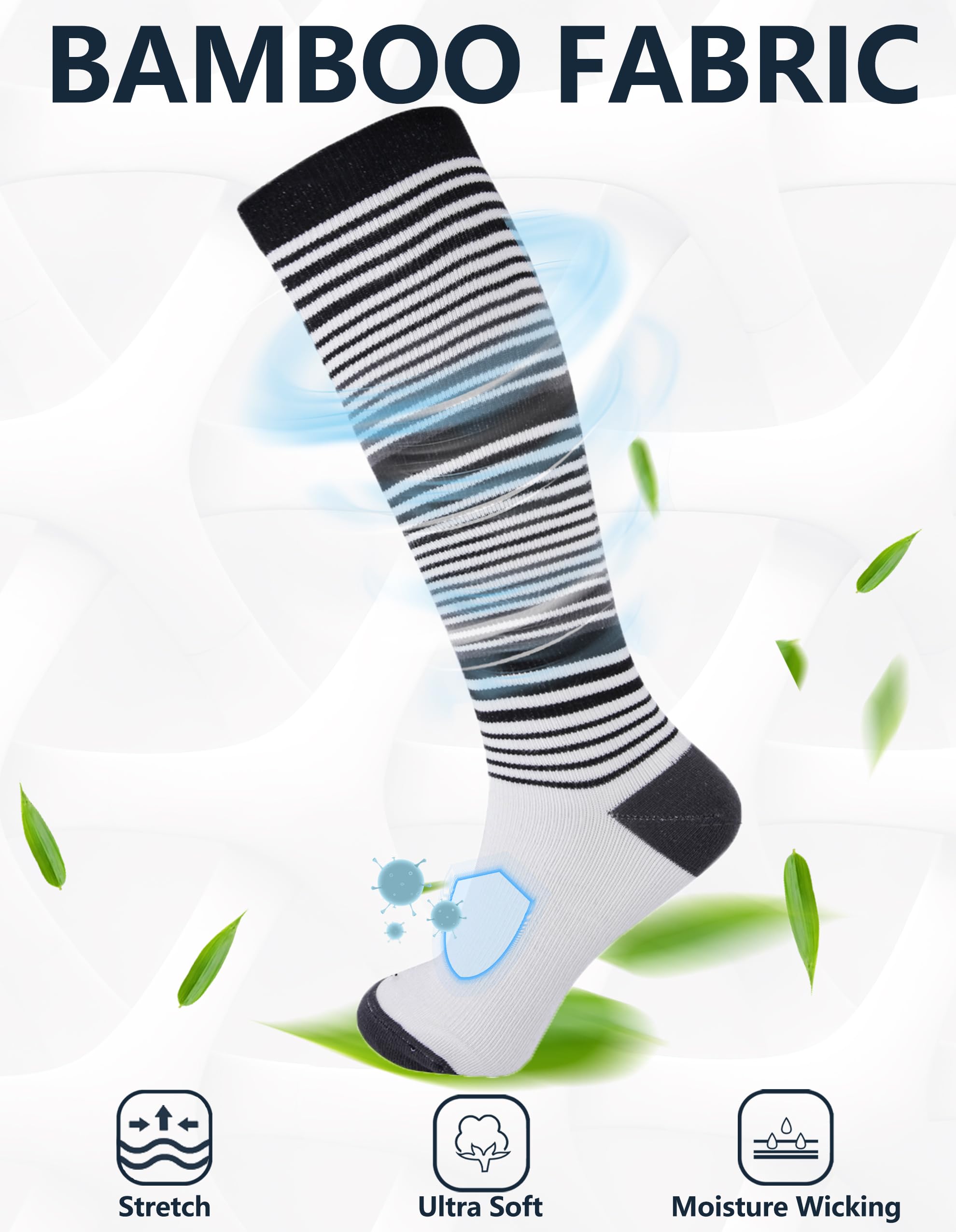 +MD 3 Pairs Compression Socks Moisture Wicking 8-15 mmHg for Women & Men Moisture Wicking Support Stockings for Airplane Flights, Travel, Nurses, Edema 10-13