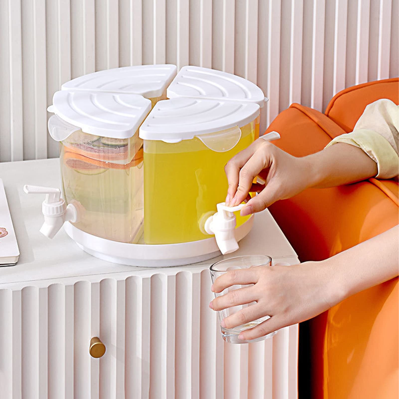 1.45 Gallon Beverage Dispenser for Fridge, Rotate 360° Removable 4-Grid Plastic Drink Dispenser, Clear Refrigerator Juice Dispenser with Lid and Spout for Lemonade, Tea, Cold Water