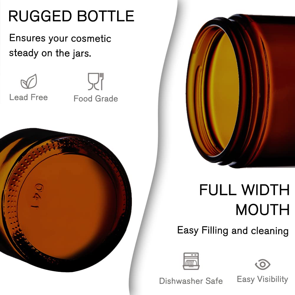 1 oz Glass Jars with Lids, Bumobum 4 pack Small Jars Amber with White Labels & Inner Liners, 30 ml Empty Round Cosmetic Containers for Sample, Powder, Cream, Lotion, Spice