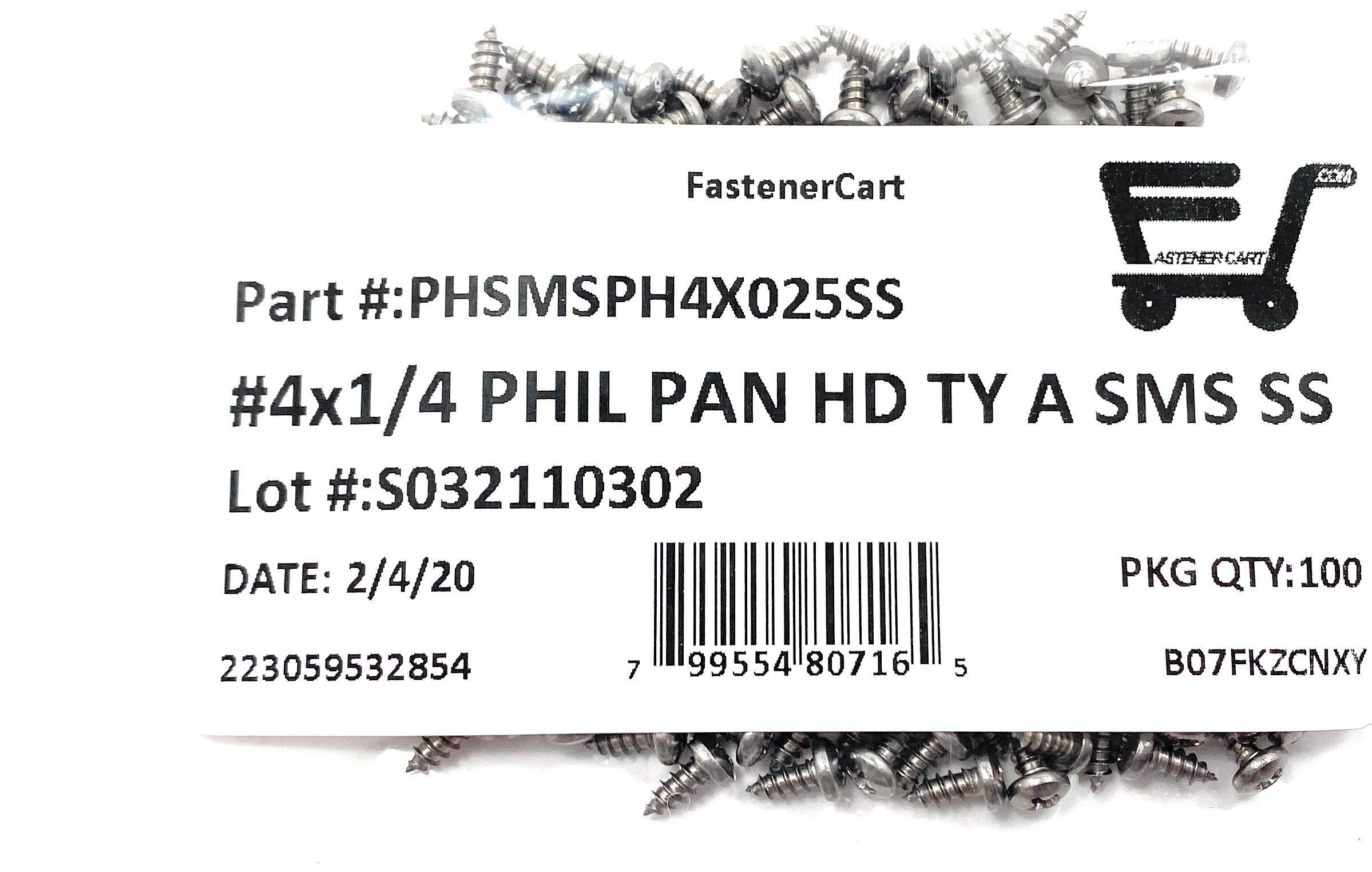 #4 x 1/4 Stainless Steel Phillips Pan Head Sheet Metal Screws Type A (100 Pieces) 4x1/4