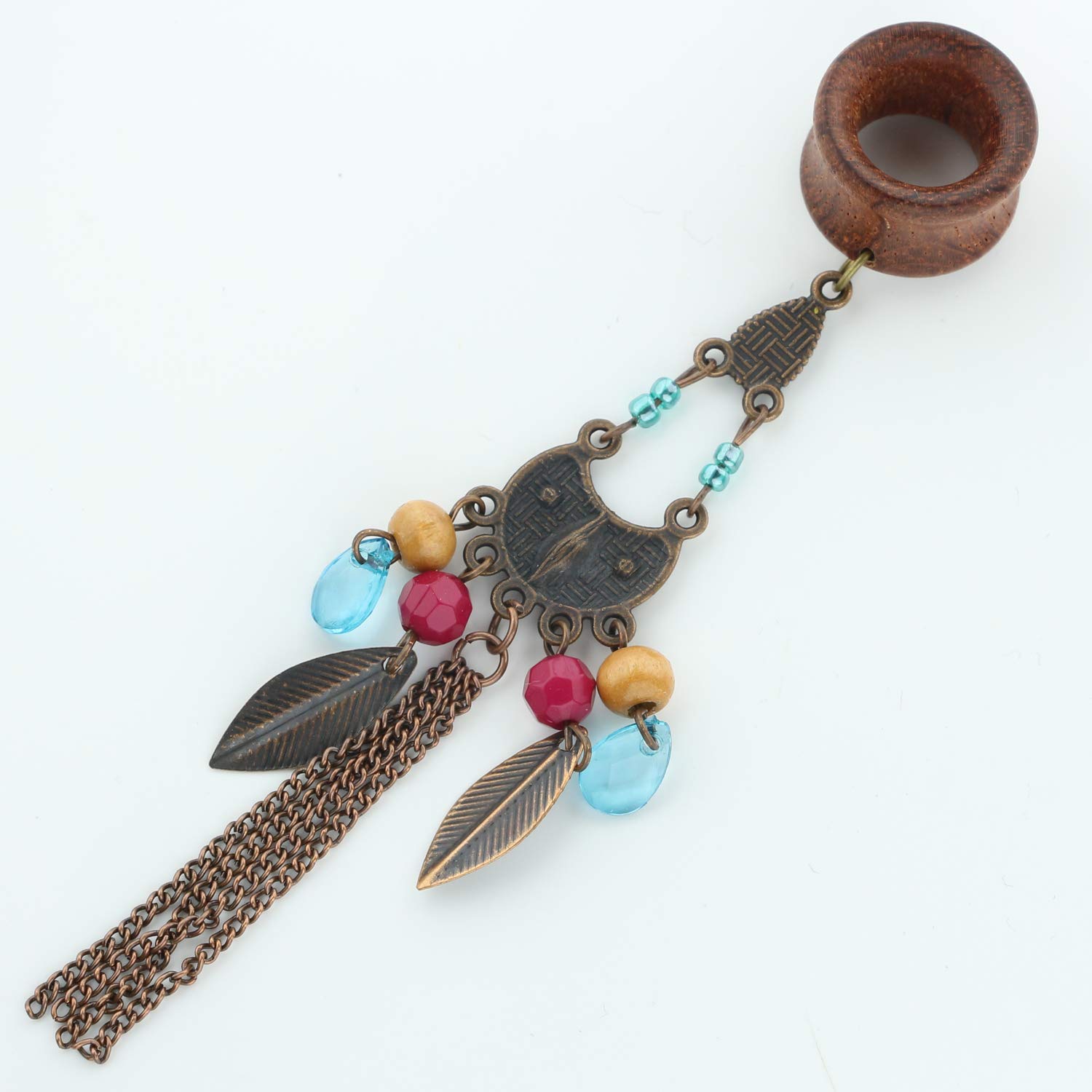 00G 10mm Bohemia Beads Owl Tassel Wood Dangle Ear Gauges Piercing Flesh Tunnels Plugs Statement Earrings