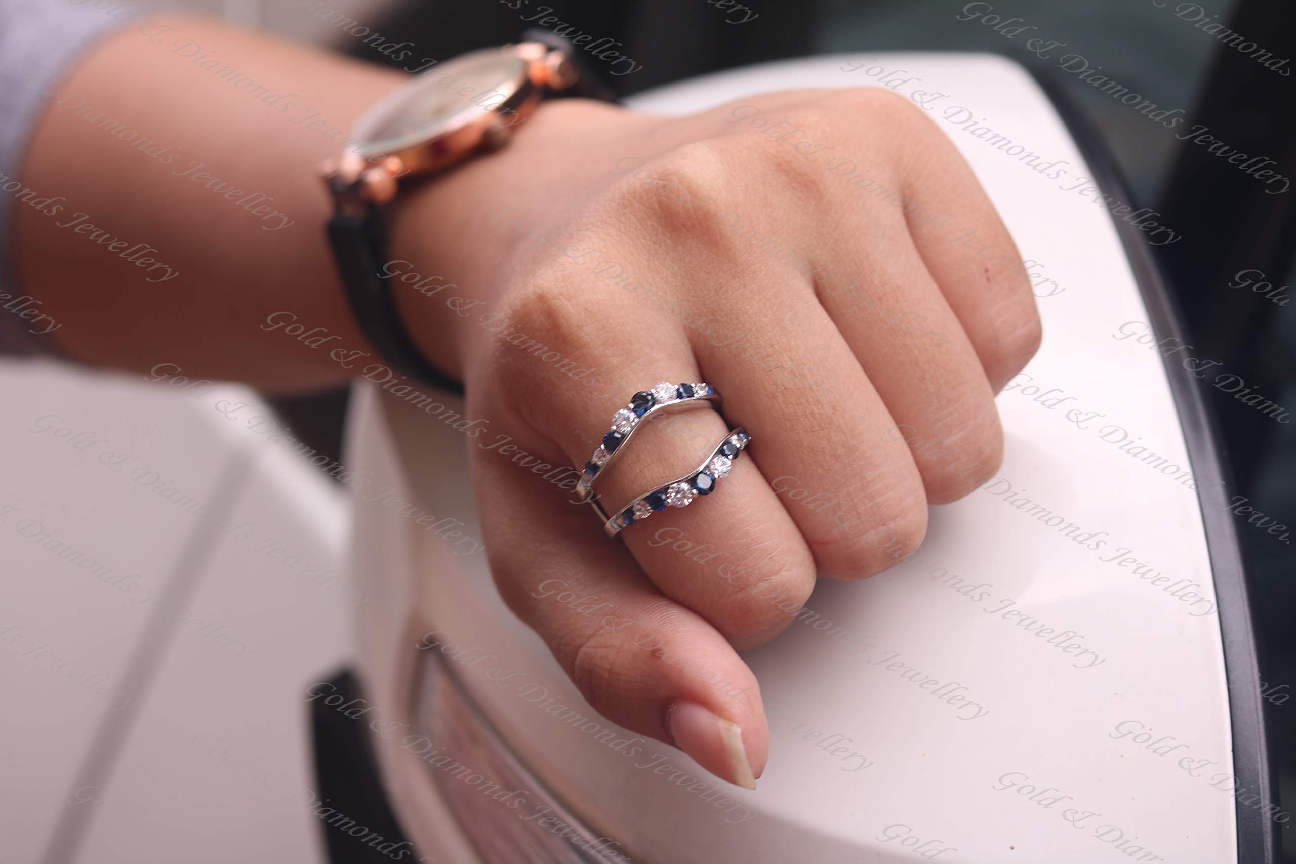0.50ct Cubic Zirconia & Blue Sapphire Ring Solitaire Enhancer Guard Wrap in 14K White Gold Over Sterling Silver For Women