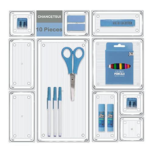 10 Pcs Clear Plastic Drawer Organizers Trays with Non-Slip Silicone Pads, Desk Versatile Kitchen Drawer Organizer Bins Tray for Makeup Bedroom Office, Bathroom Countertop Organizer for Cosmetics