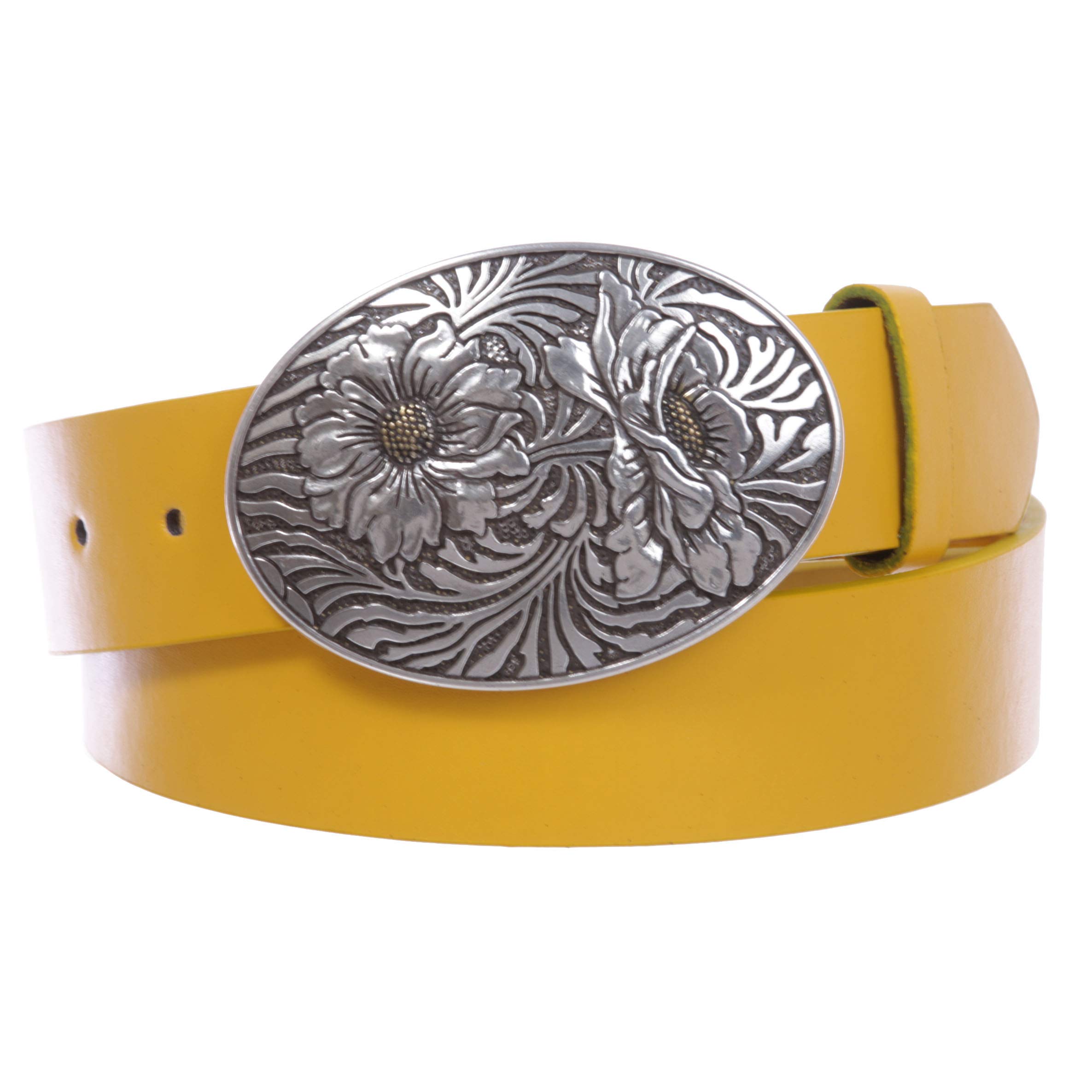 1 1/2" Snap On Oval Sunflower Engraving Buckle With Leather Belt, Yellow | XL- 42"~44"