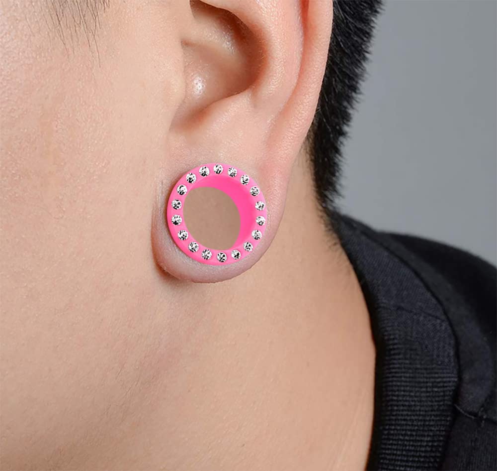 0 Gauge - 8MM Multi Crystal Stone Setting on Pink Soft and Flexible Silicone Double Flared Tunnels Ear Plugs - Sold by Piece