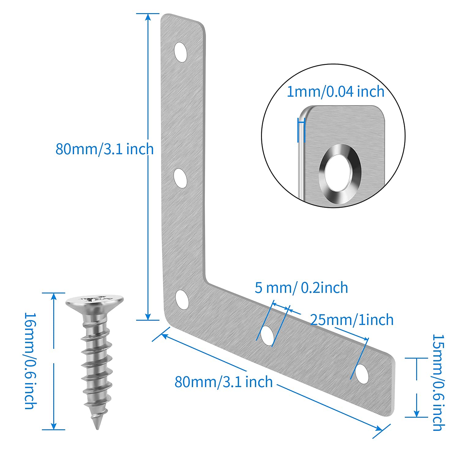 10 Pieces Stainless Steel L Braces (3.1 x 3.1 inch,80 x 80 mm) Flat Corner Braces, Corner Brackets Joint Right Angle Bracket, 55 Pieces Screws Included