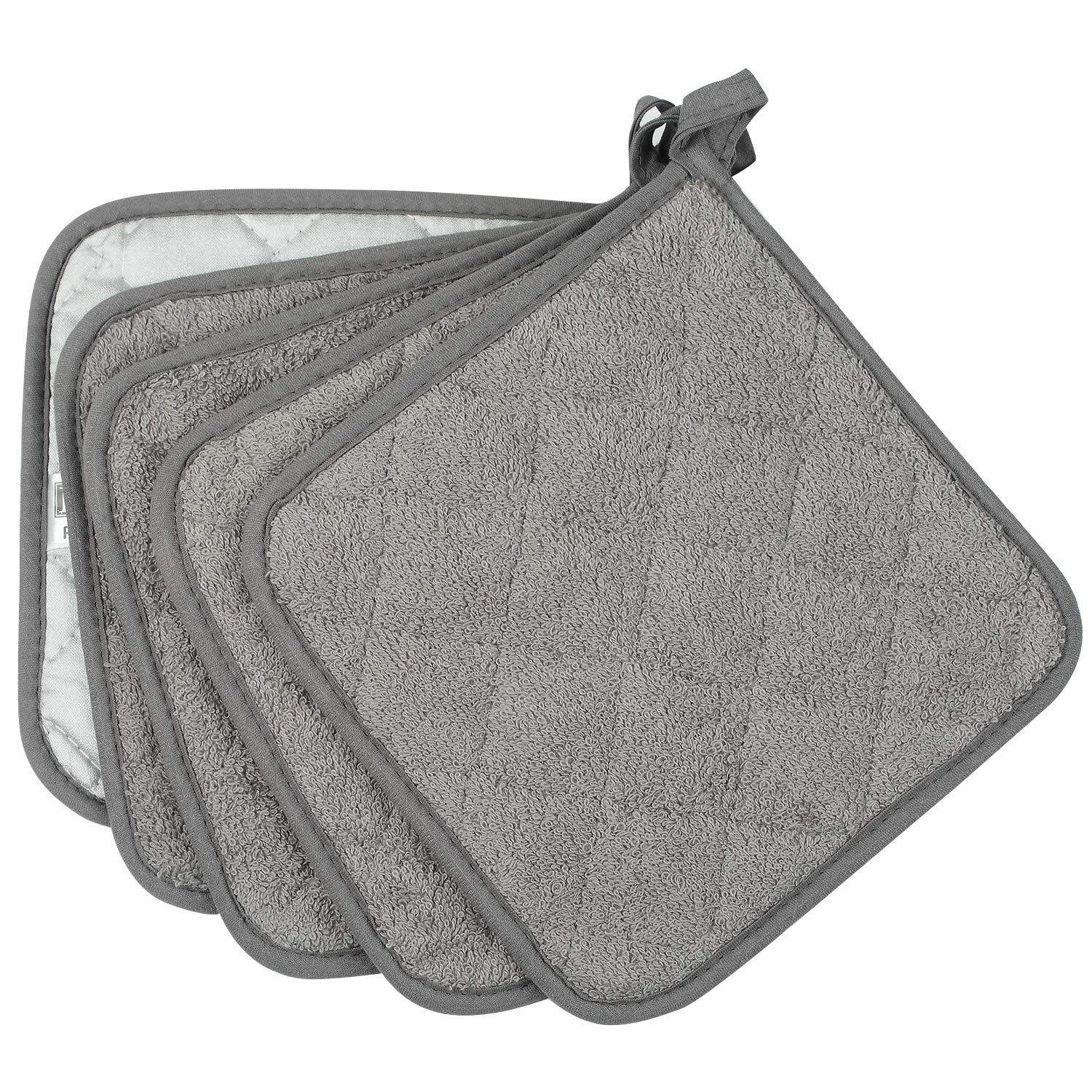 100% Cotton Kitchen Everyday Basic Terry Pot Holder Heat Resistant Coaster Potholder for Cooking and Baking Set of 5 Grey