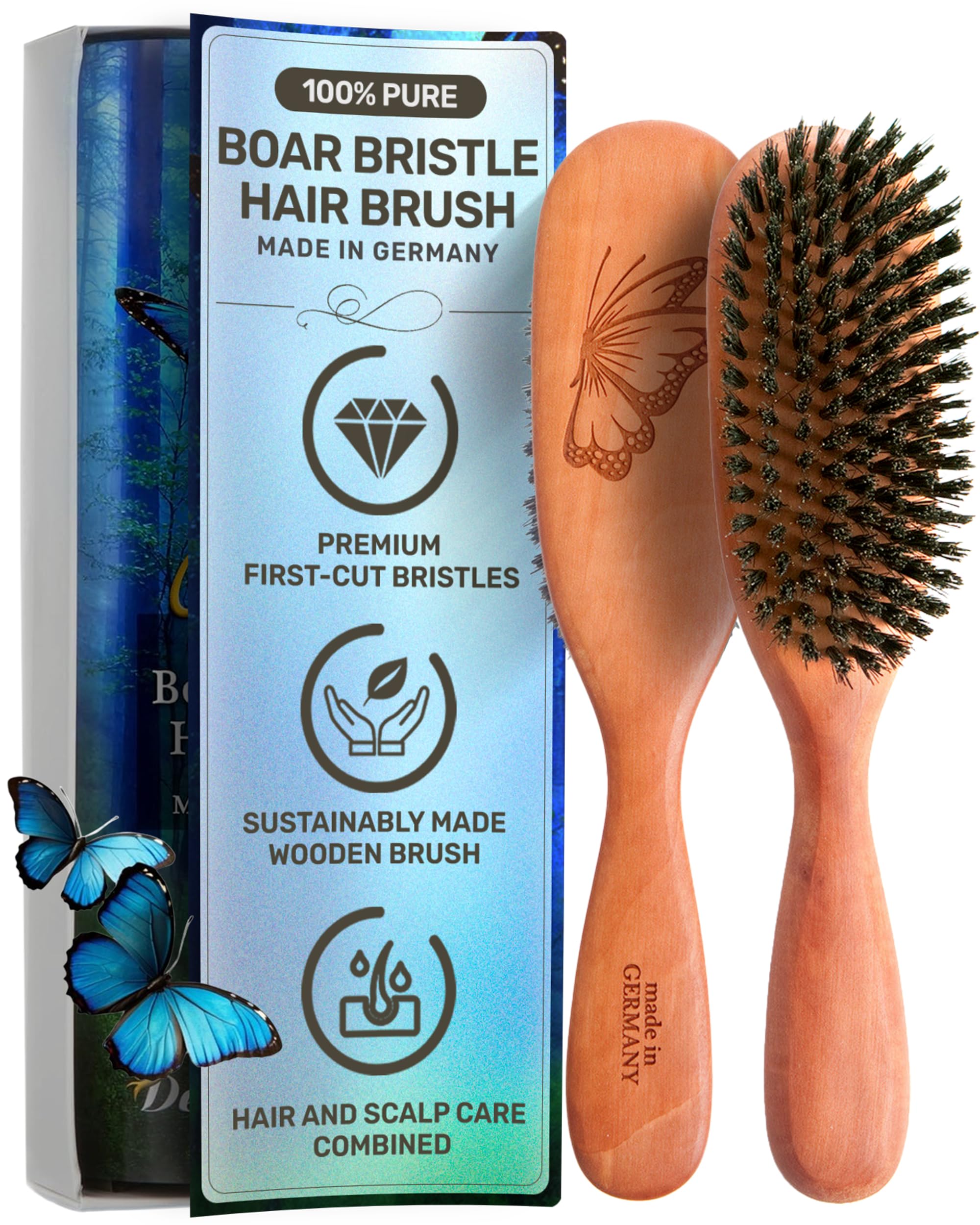 100% Pure Calcutta Boar Bristle Hairbrush for Natural Healthy Hair, Stiff Bristle, Made in Germany's Black Forest
