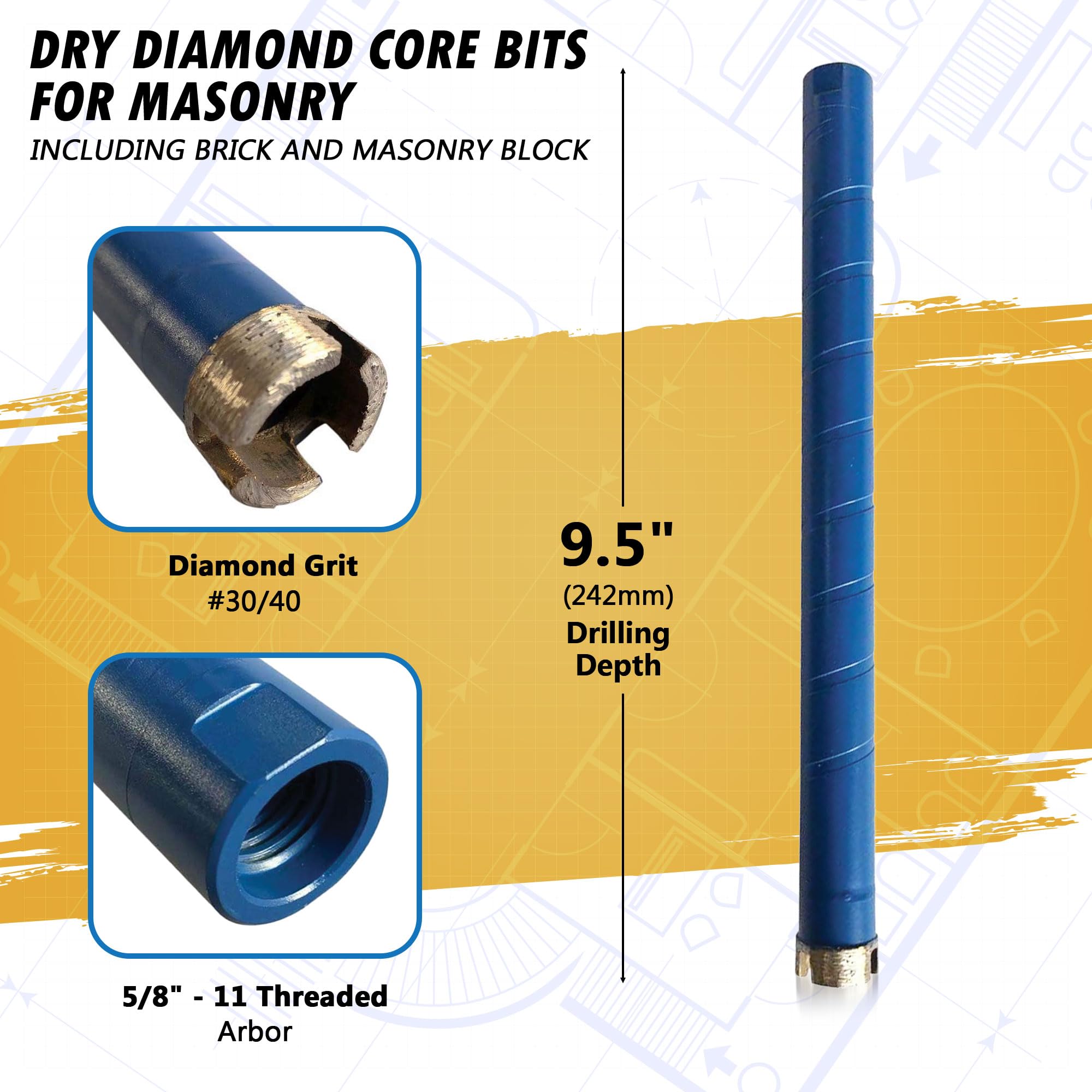 1-1/2" Dry Diamond Core Drill Bits for Brick, Block or Masonry, 9.5" Drilling Depth, 5/8"-11 Arbor