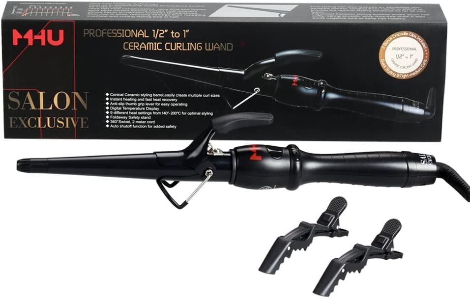1-1/2" Tapered Hair Curling Iron with Short Clip, Hair Curler add Cool Tip, Ceramic Coating Curling Wand 9-Gears Temp Settings & 60 Min Auto-Off, Black