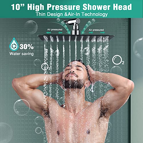 10 Inch All Metal High Pressure Rainfall Shower Head with Handheld Combo, Rain Shower Head with Handheld Spray,3-Way Diverter,Height & Angle Adjustable Extension Arm,70" Flexible Hose