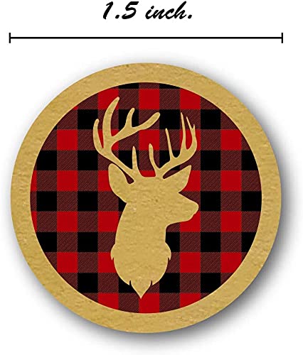 1.5" Round Kraft Buffalo Plaid Deer Head Holiday Label / 500 Northwoods Christmas Holiday Seal