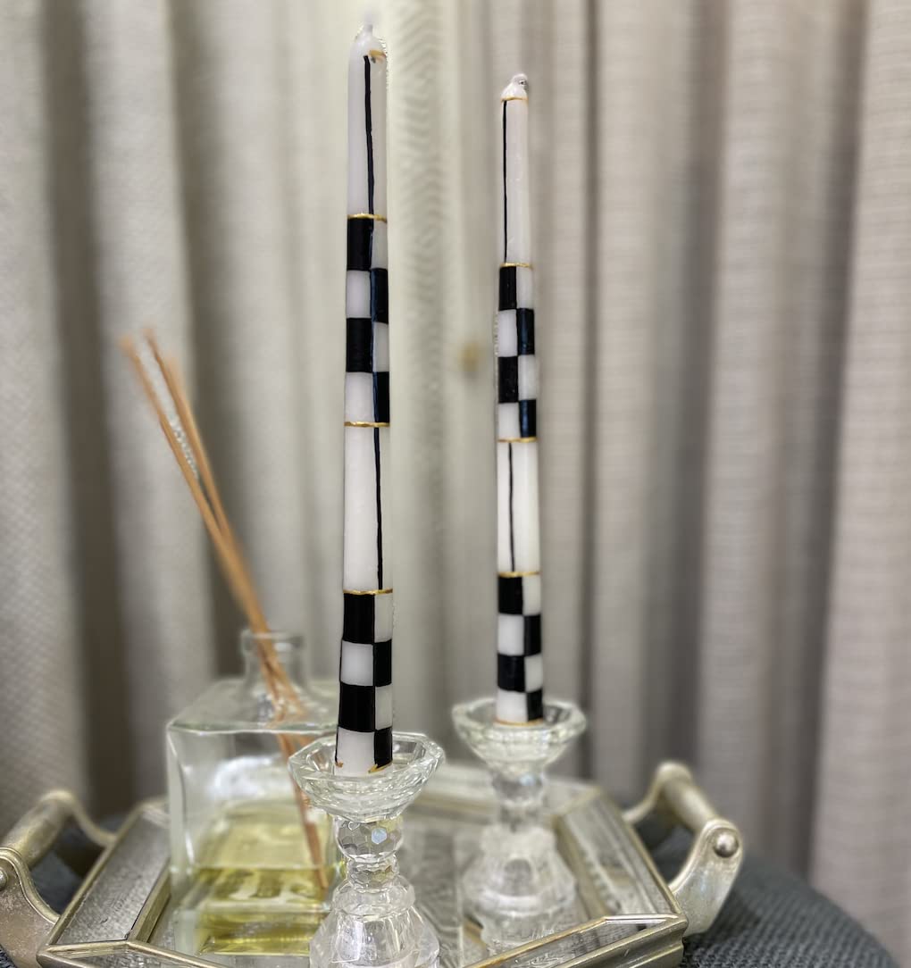 0 Handmade Decorative Hand Painted Taper Candles, 2 Pack | Checkered Black & White | for Dinner Table and Interior Decoration