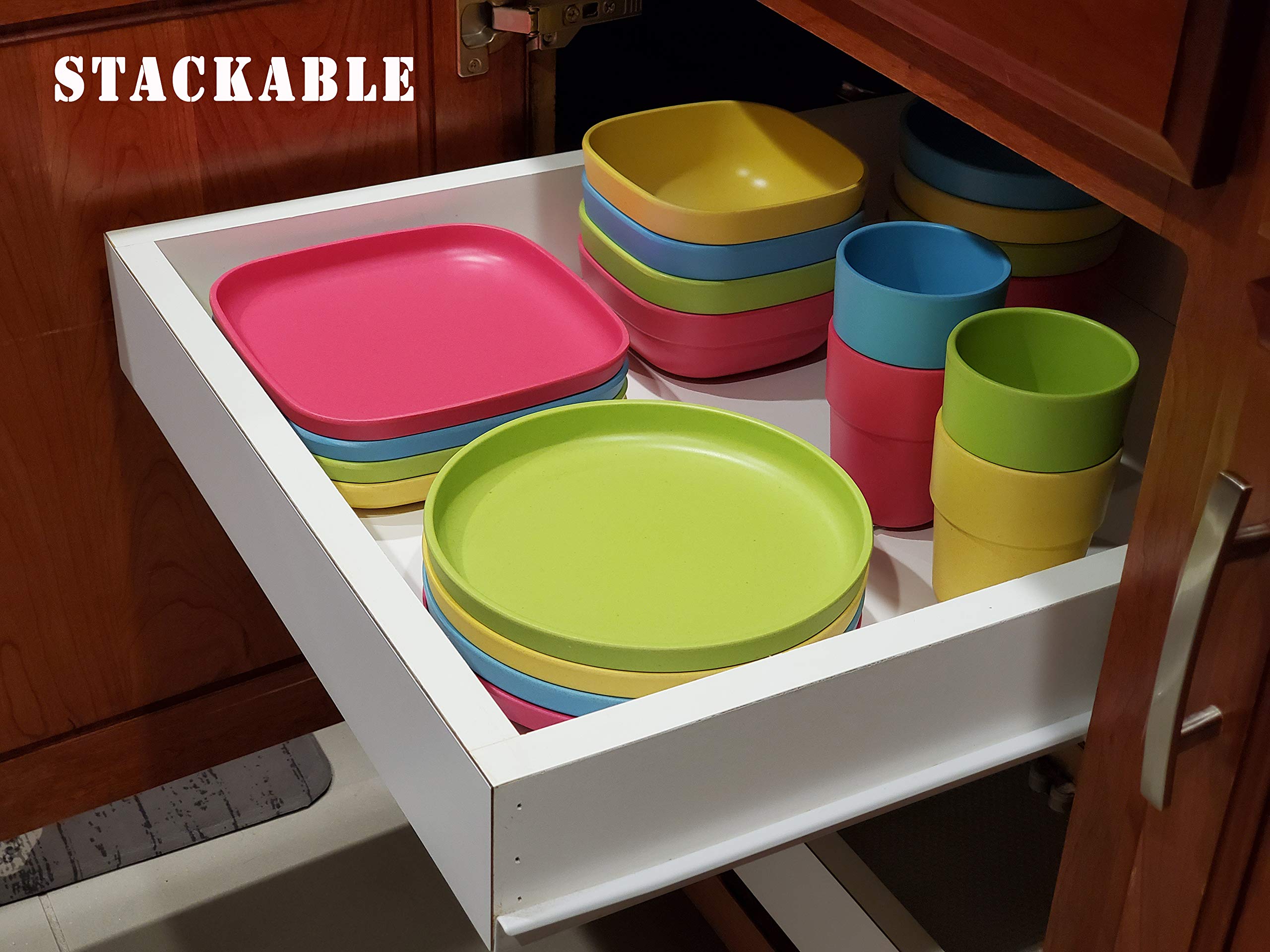 1 Click Bamboo Kids Plates, (4 Color Set), Stackable, Reusable, Deep sides for Easy Kids, Toddlers and Big Kids Feeding, Dishwasher Safe, Bamboo Dinnerware Set