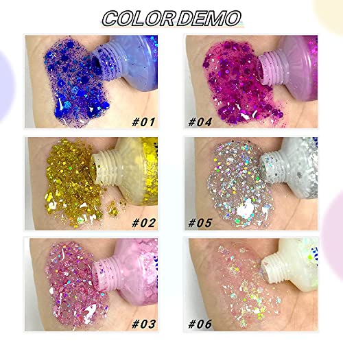2 Colors Body Glitter Gel, Face Glitter Body Gel Sequins Shimmer Liquid Eyeshadow, Holographic Glitter Gel Festival Glitter Makeup.(03#Pink+06White)