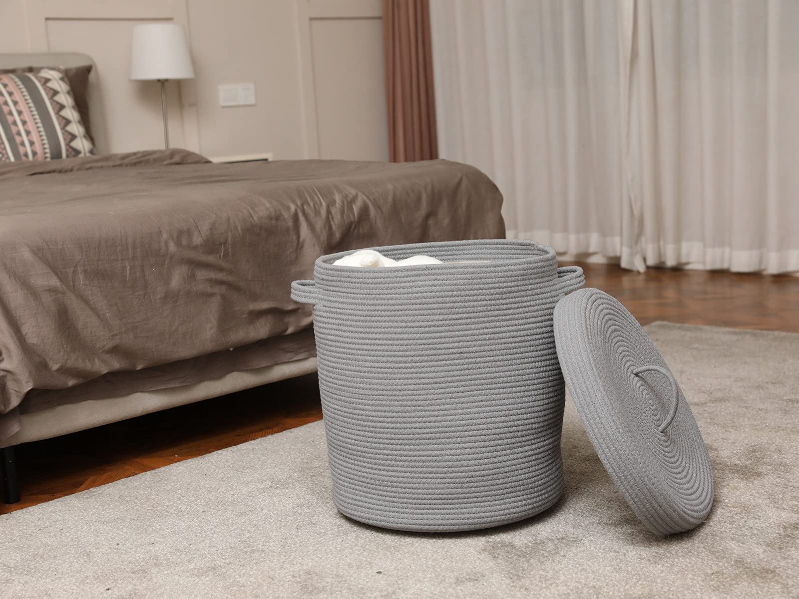 16" x 16" x 18" Extra Large Storage Basket with Lid, Cotton Rope Storage Baskets, Laundry Hamper, Cloth Bin, for Clothes Towels Blankets Pillows Storage in Living Room, Large Basket Grey with Cover