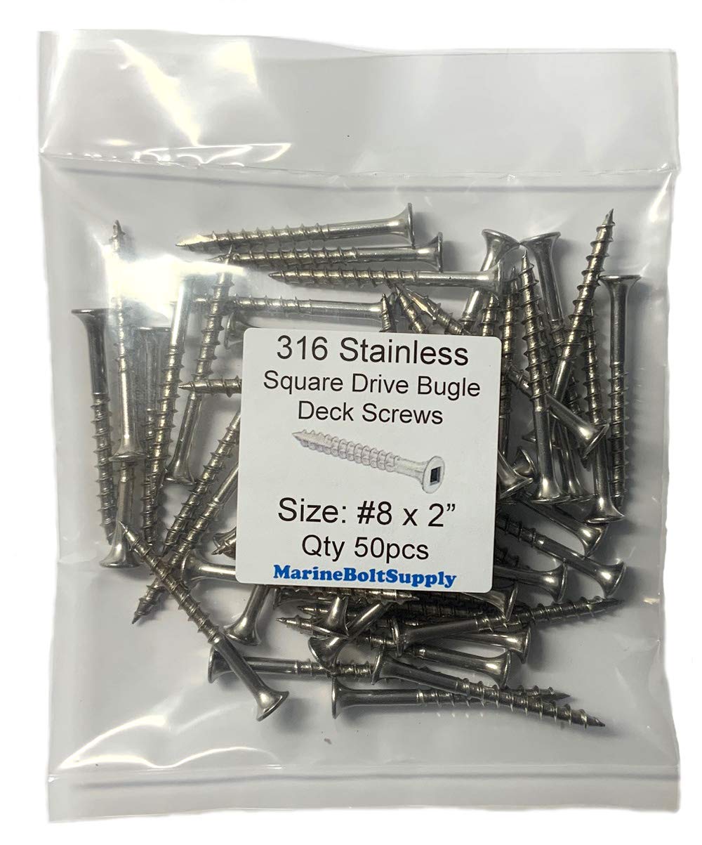 #8 x 2 Type 316 Marine Grade Stainless Steel Deck Screws, Square Drive, Quantity 50 by Marine Bolt Supply