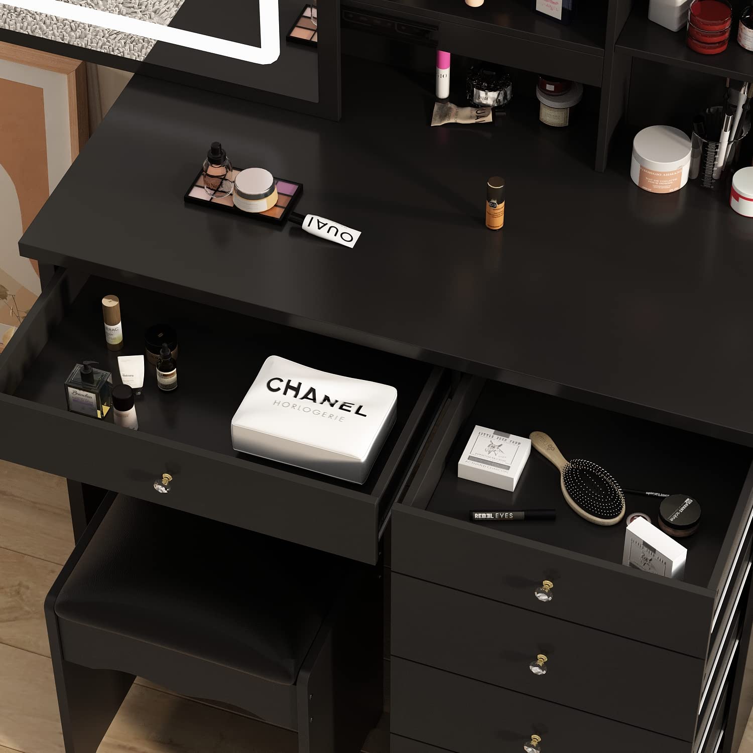 Homsee Vanity Desk Set Makeup Table with Large Sliding Lighted Mirror, Dressing Table with 5 Drawers, Storage Shelves & Cushioned Stool for Bedroom, Black
