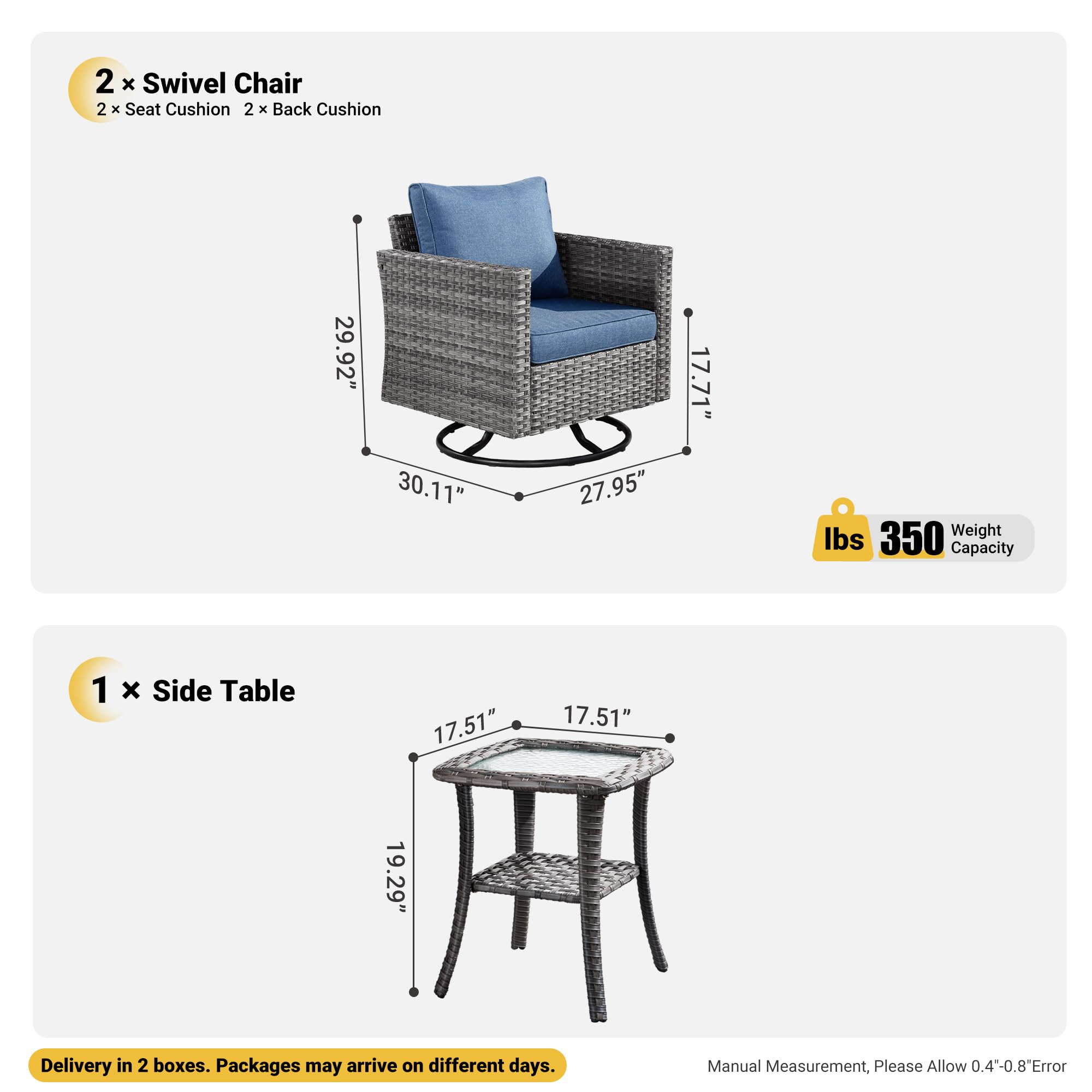 ovios Patio Bistro Set 3 Pieces Rocking Swivel Chairs with Side Table 360 Degree Rotating Outdoor Wicker Rocker Chairs for Yard Deck Porch, Grey Wicker, Denim Blue Cushion