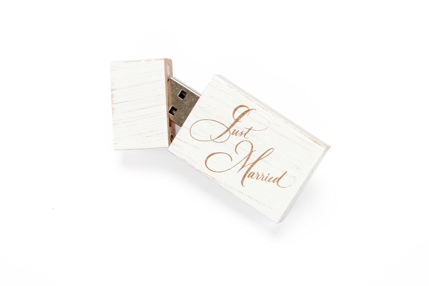 1 32GB USB 3.0 White Wash Flash Drive - Wedding USB - Wedding Flash Drive- Grove Stick Body - Just Married Laser Engraved
